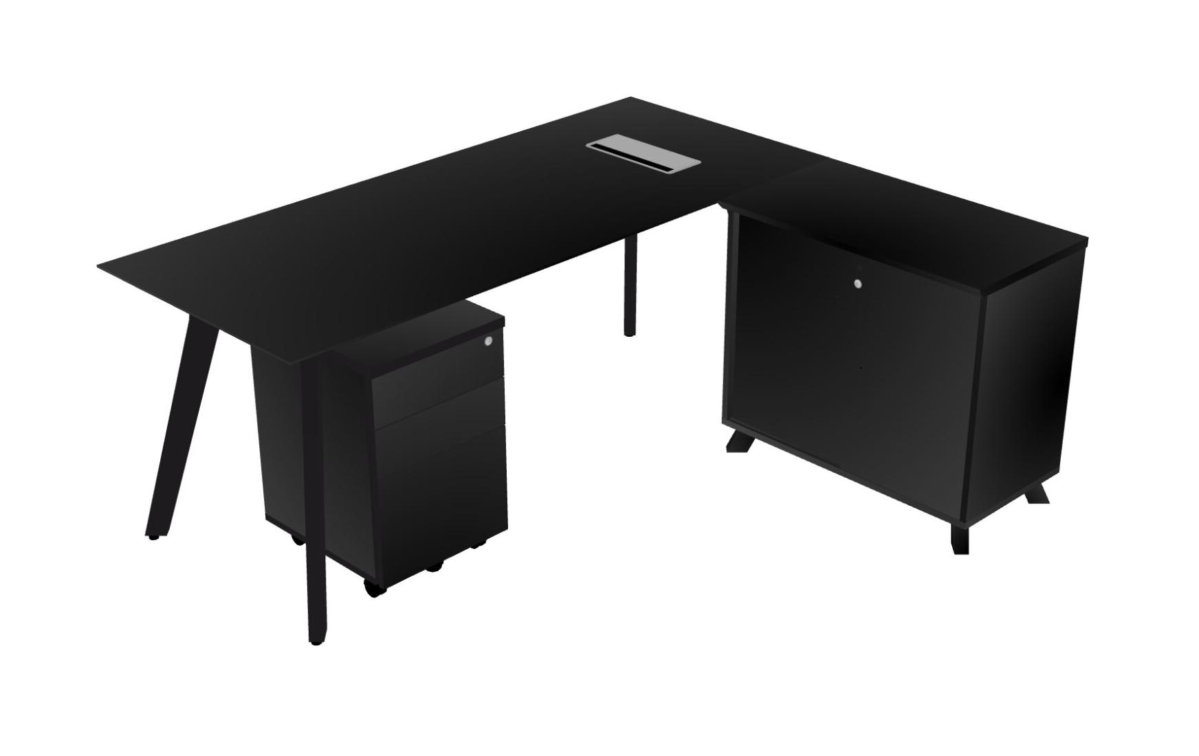 Slick Black L-shaped Office Desk With Cabinet - Officestock - Modern ...